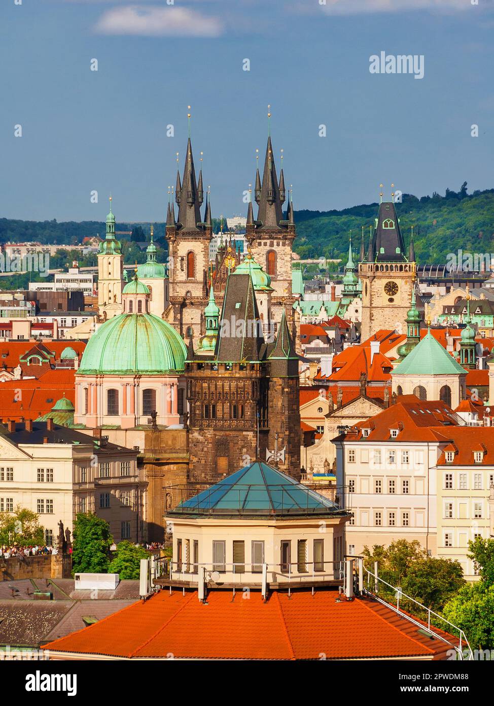 Prague historical center old skyline with famous churches and Charles ...