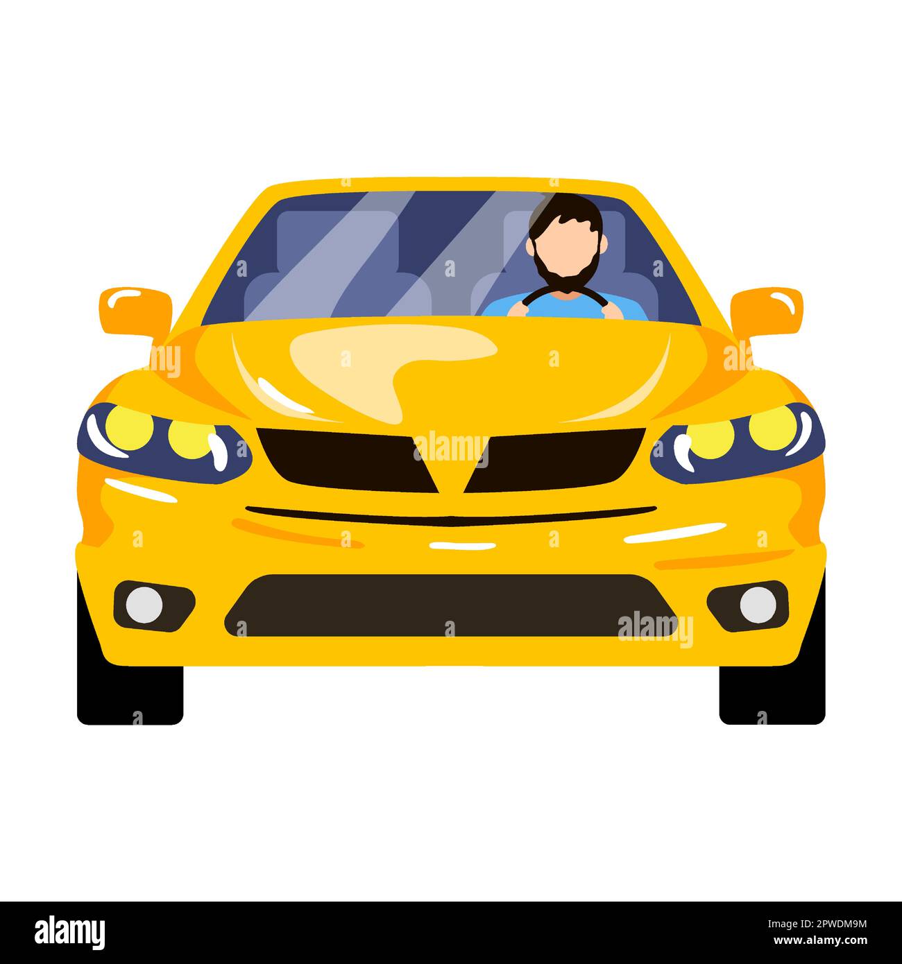 Front view of seasoned traveler driving car, cartoon vector ...