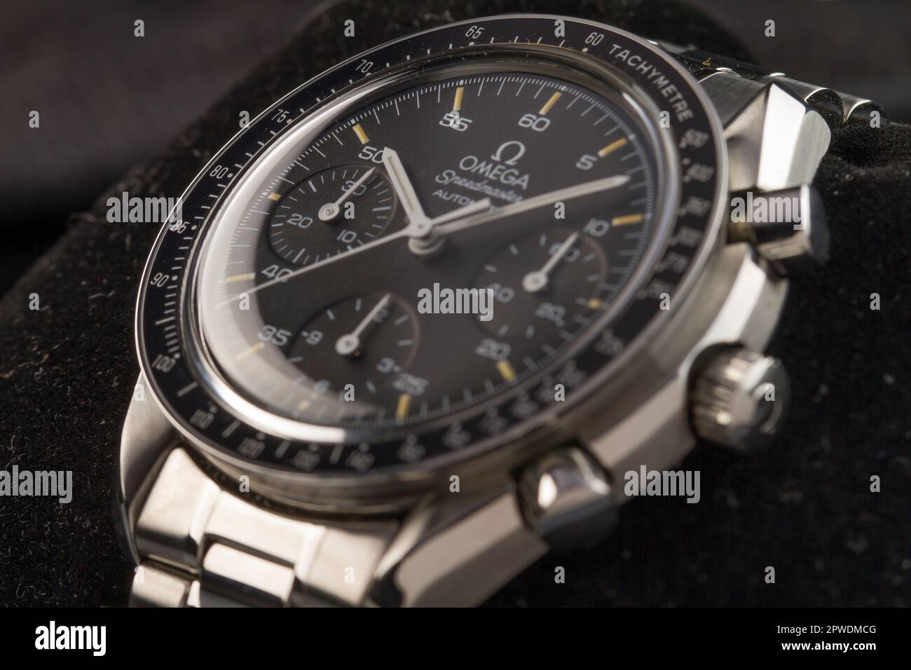Milan, Italy - April 28, 2023: close up on a vintage Omega Speedmaster ...