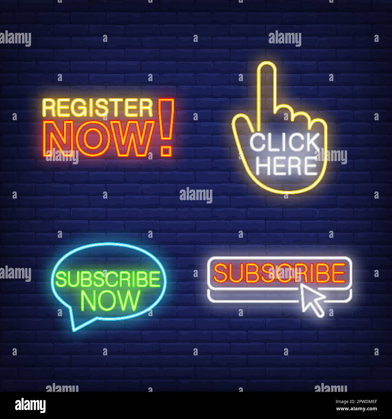 Register now, click here and subscribe neon letterings set Stock Vector ...