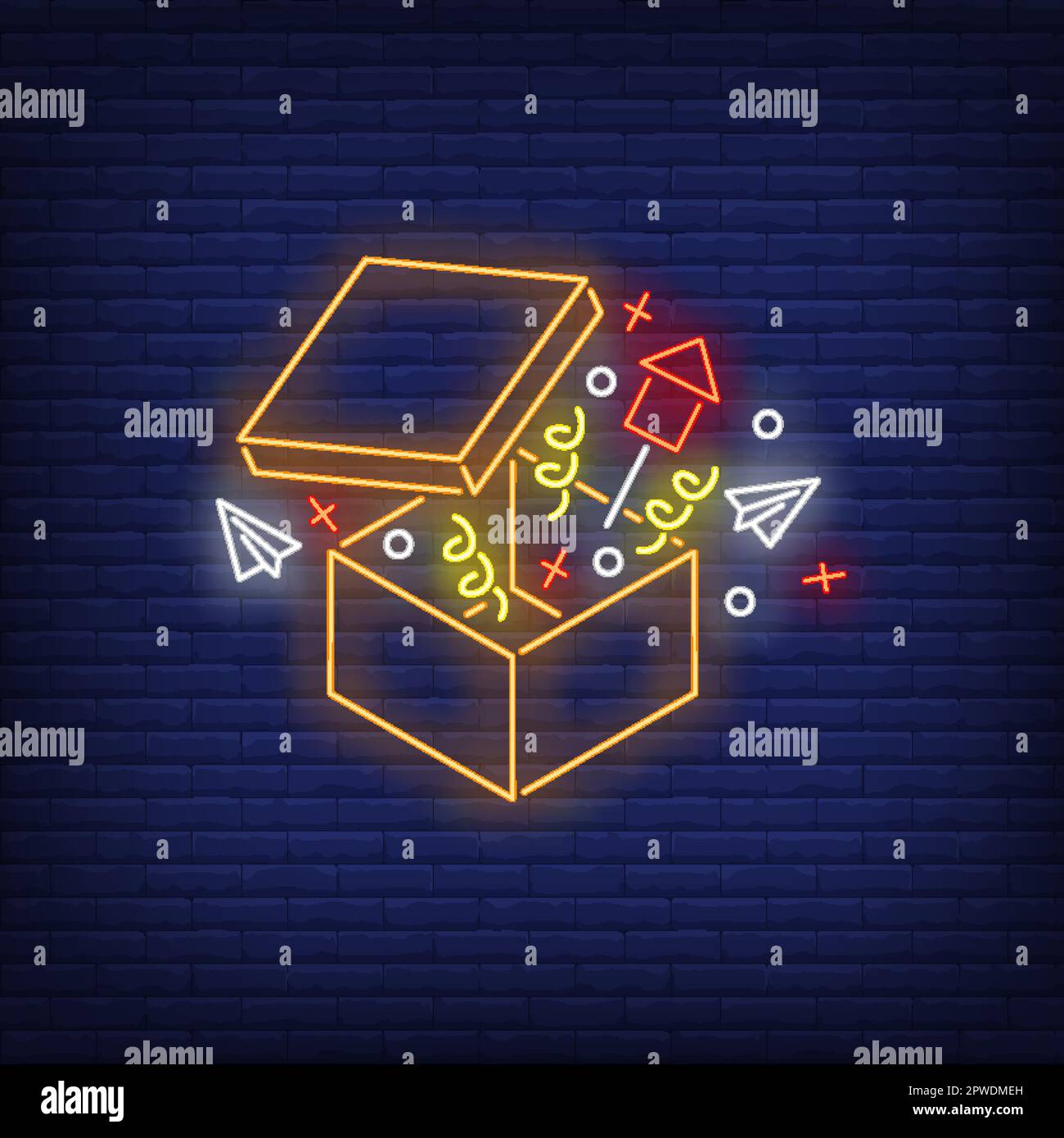 Streamers and fireworks flying out of open gift box neon sign Stock ...
