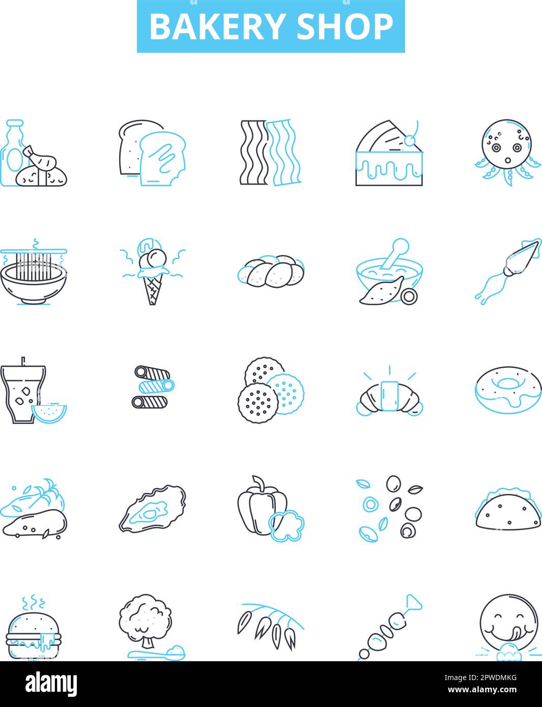 Bakery shop vector line icons set. Pastry, Cake, Bread, Cookies, Donuts ...