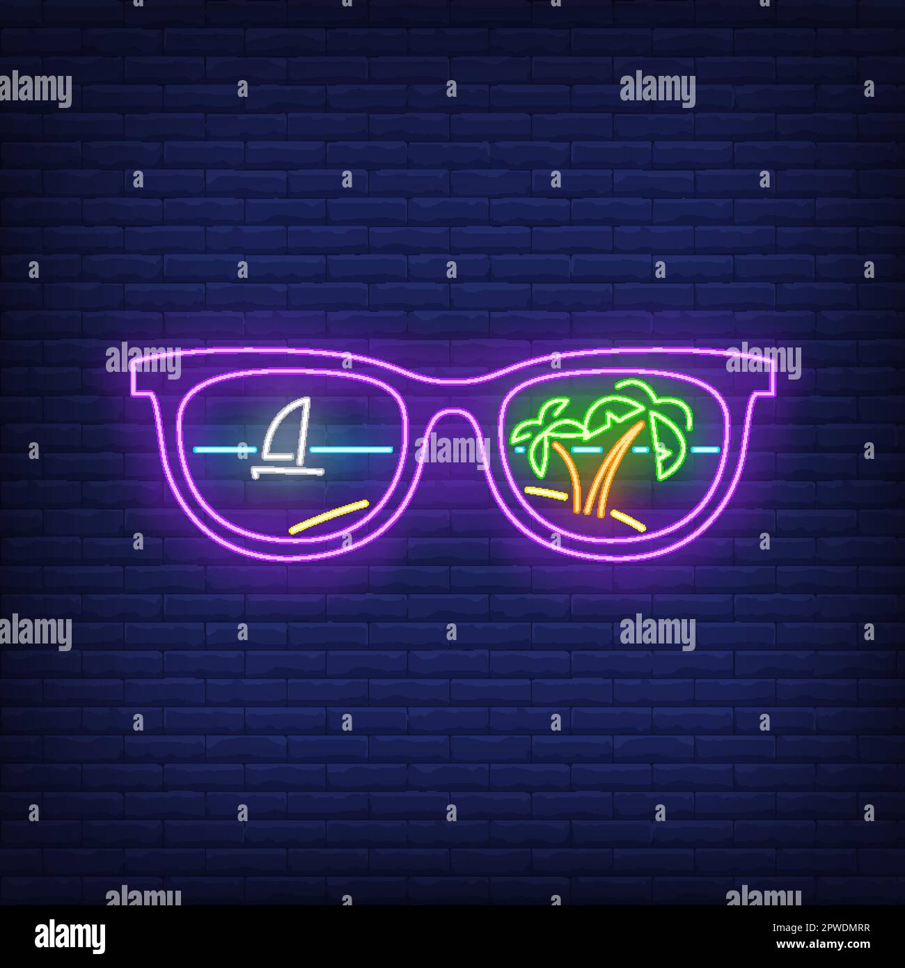 Sunglasses with palm trees and ship reflection neon sign Stock Vector ...