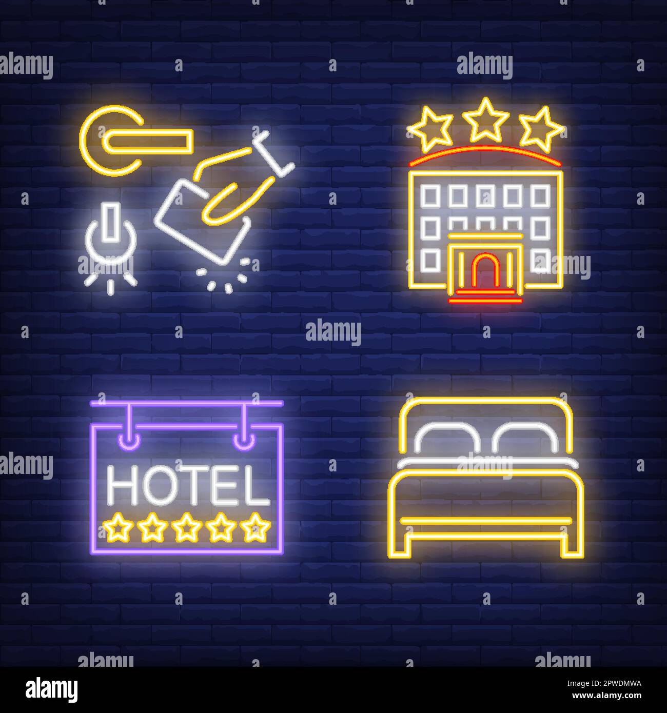 Three star hotel neon sign set. Glowing signboard Stock Vector Image ...