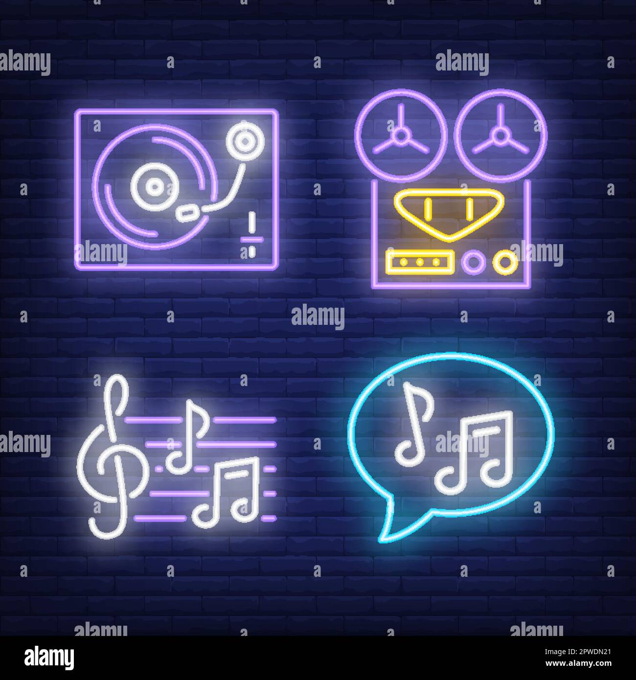 Audio recorder, vinyl record player and music notes neon signs Stock ...