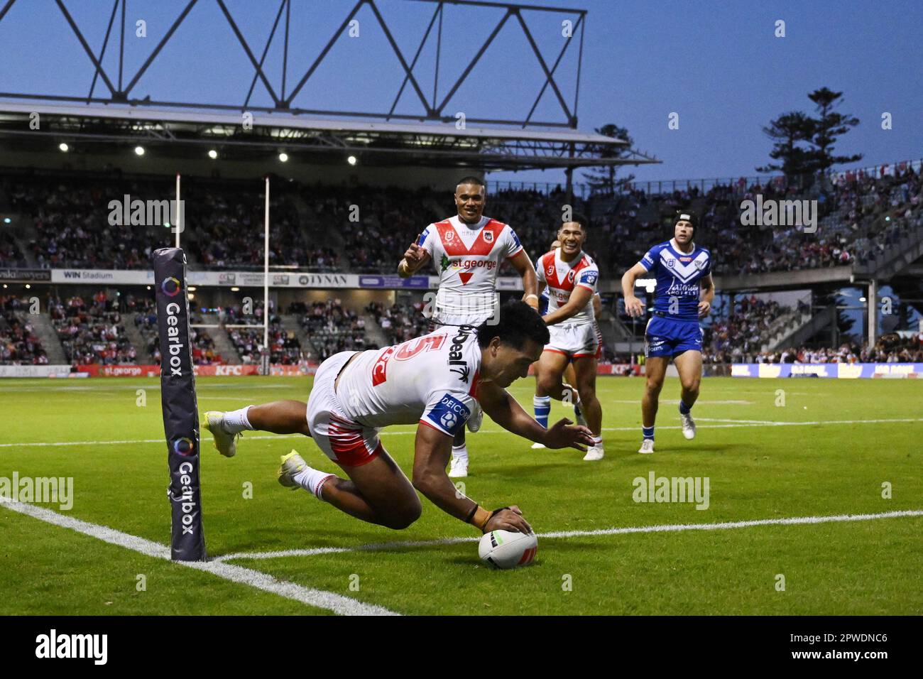 Max Feagai of the Dragons scores a try during the NRL Round 9 match ...