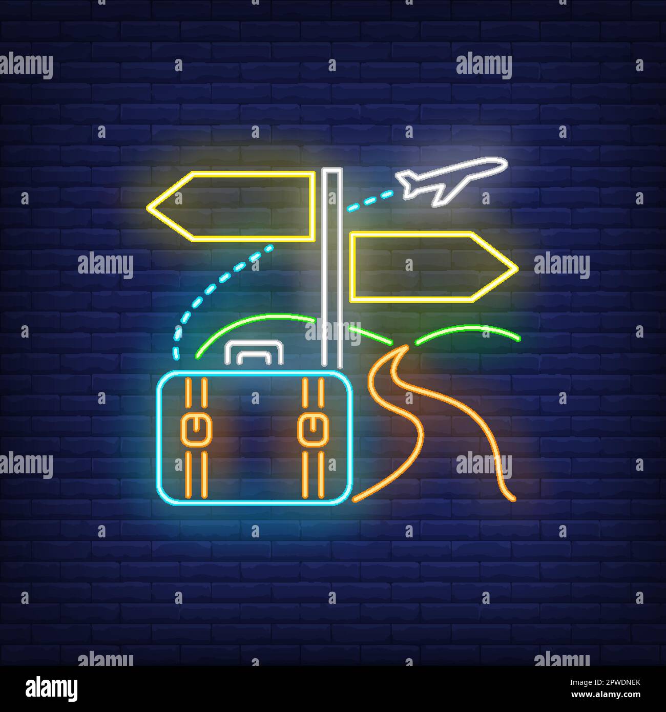 Suitcase, road signpost and airplane neon sign Stock Vector Image & Art ...