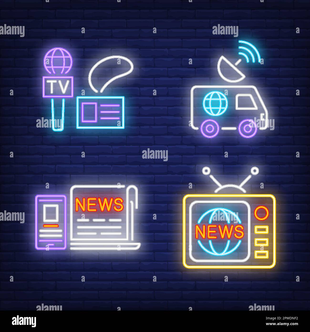 TV set, newspaper, broadcasting van and microphone neon signs Stock ...