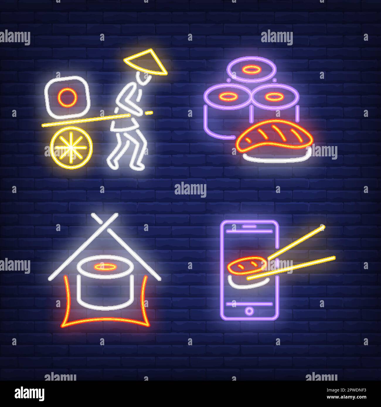 Sushi rolls order and delivery neon signs set Stock Vector Image & Art ...