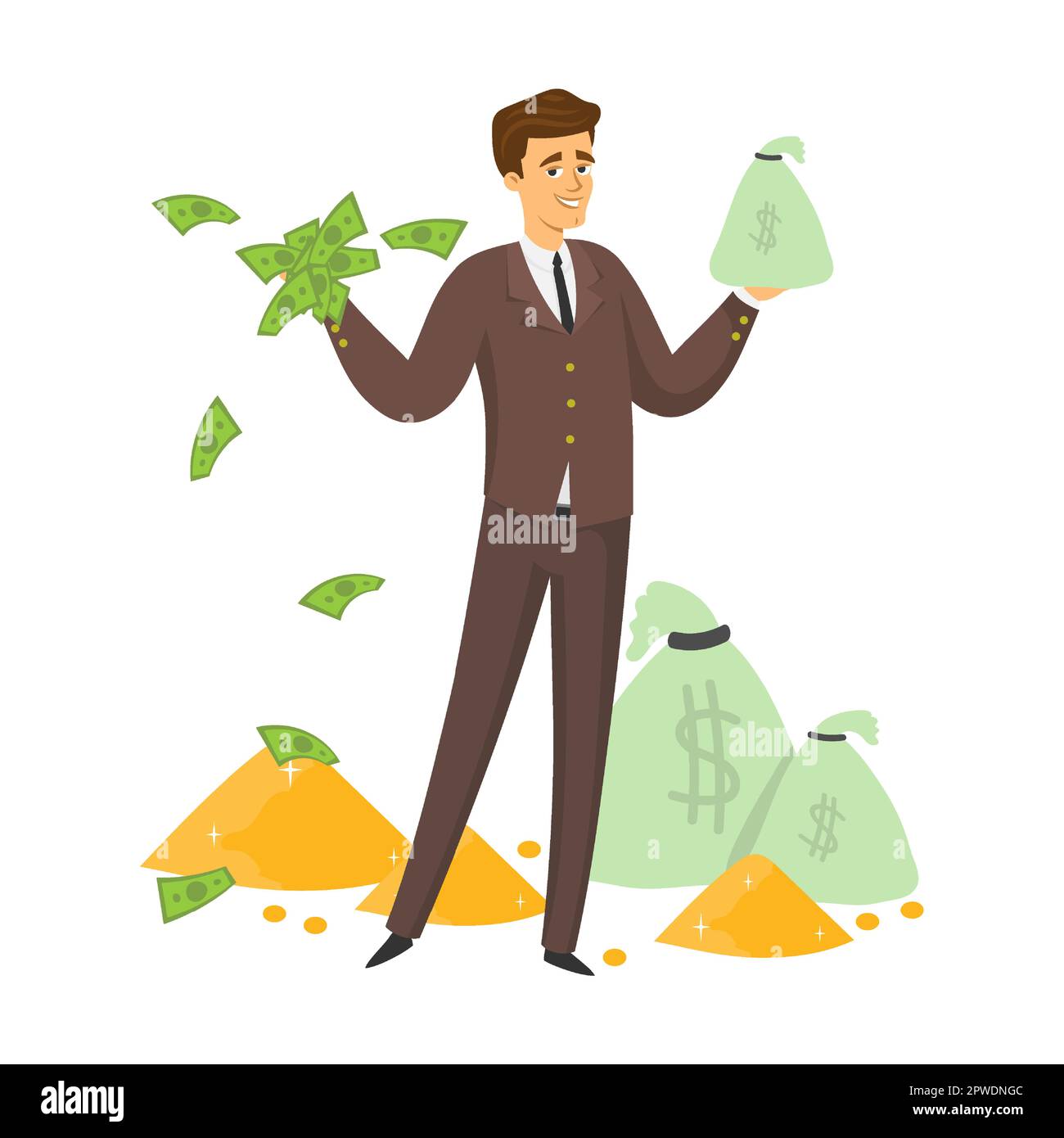 Happy rich man holding bags of money of dolor banknotes. Much money and ...