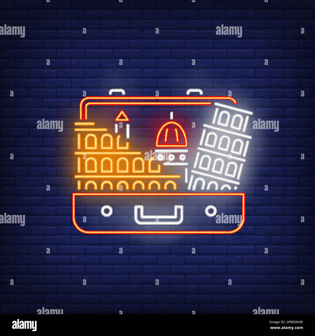 Leaning Tower of Pisa and Colosseum in open suitcase neon sign Stock Vector Image & Art - Alamy