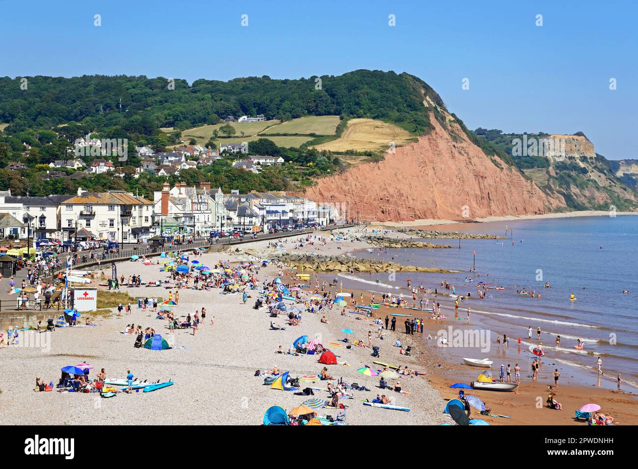 Elevated view along the beach with views of the town and Pennington ...