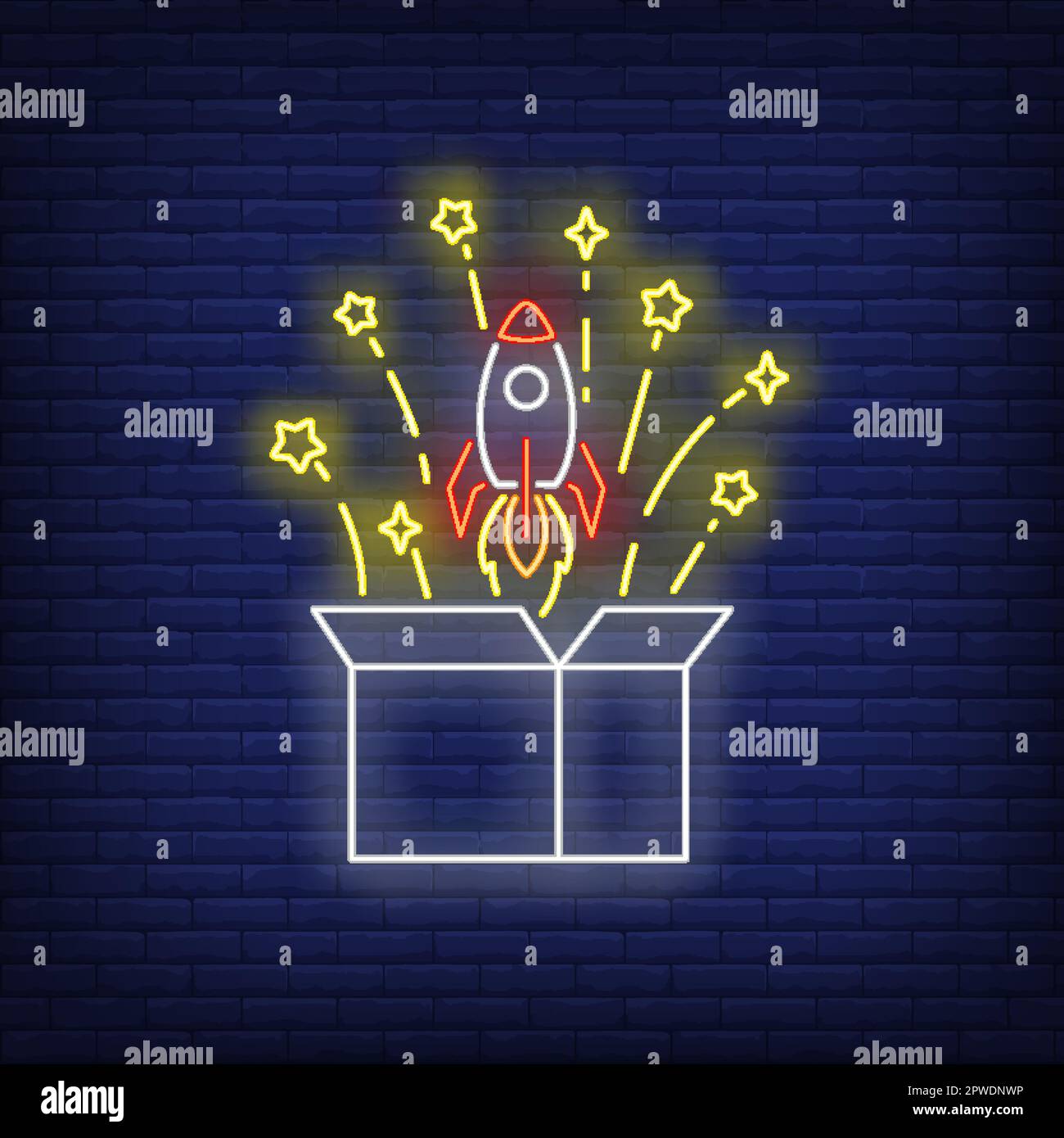 Rocket flying out of open gift box neon sign Stock Vector Image & Art ...