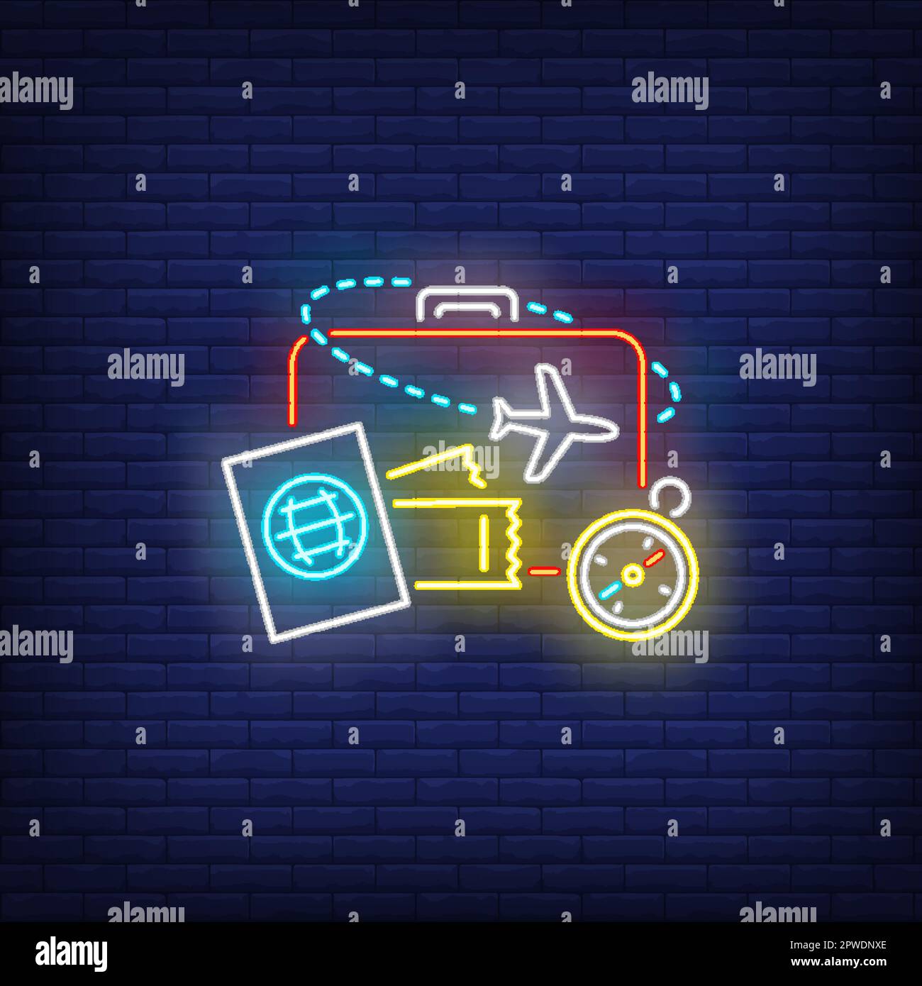 Suitcase, plane, tickets, map, compass neon sign Stock Vector Image ...