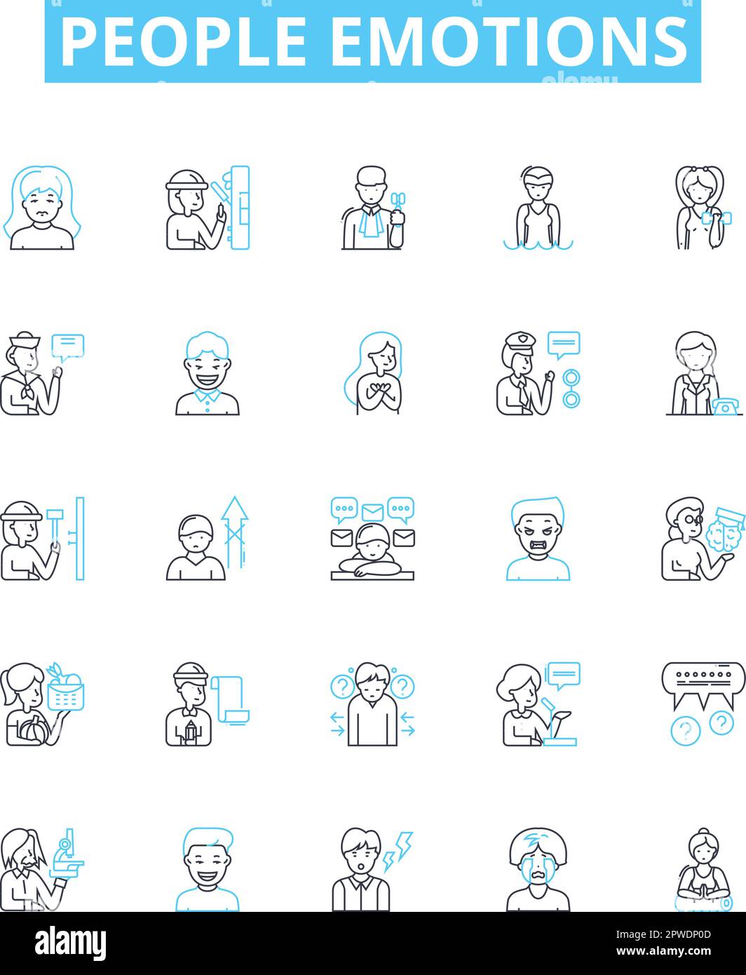 People emotions vector line icons set. Joyful, Sad, Content, Excited ...