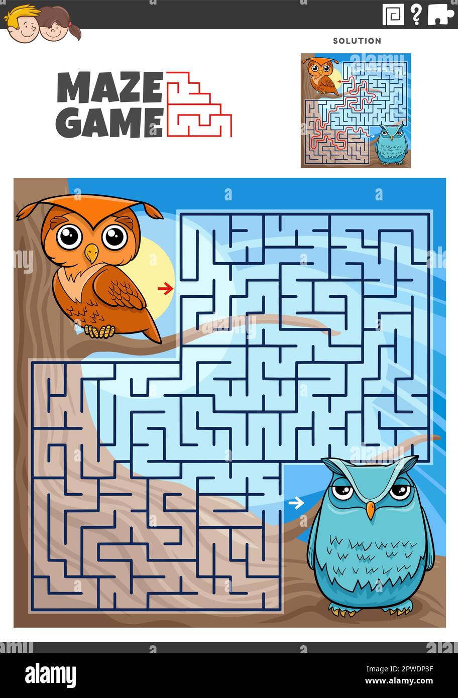 Cartoon illustration of educational maze puzzle activity for children ...