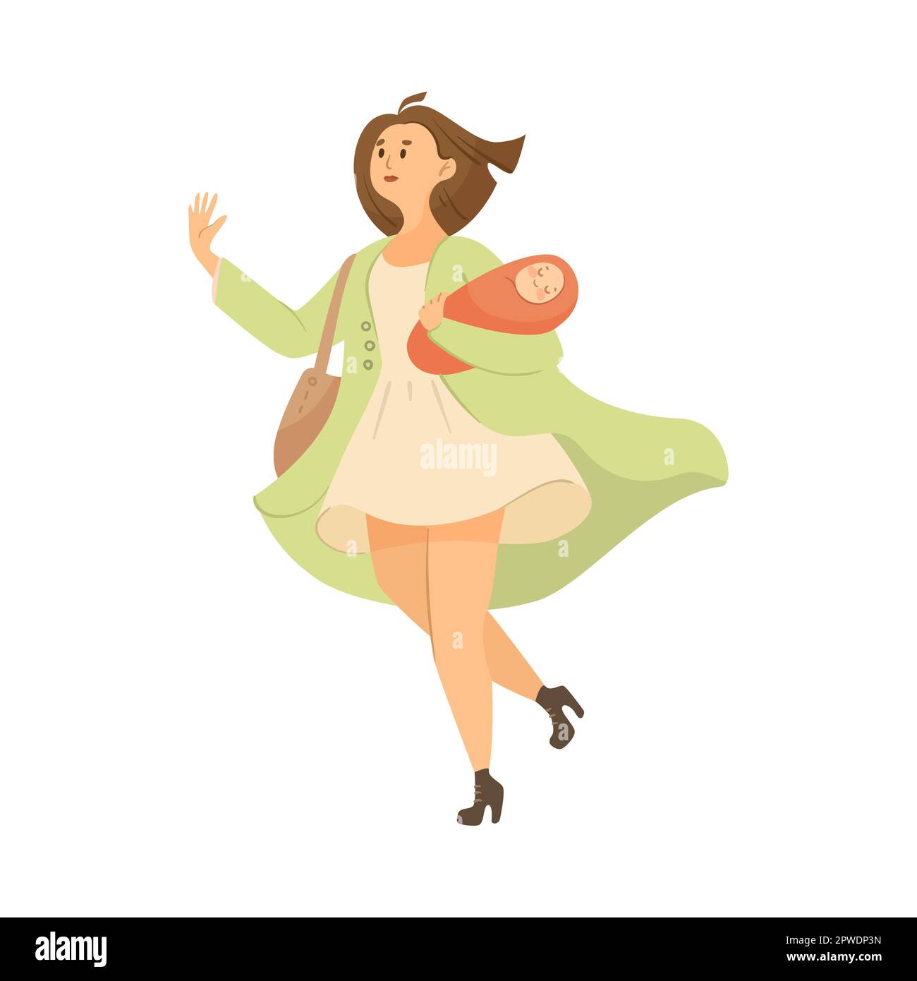 Busy woman with child in hand in hurry cartoon illustration Stock ...