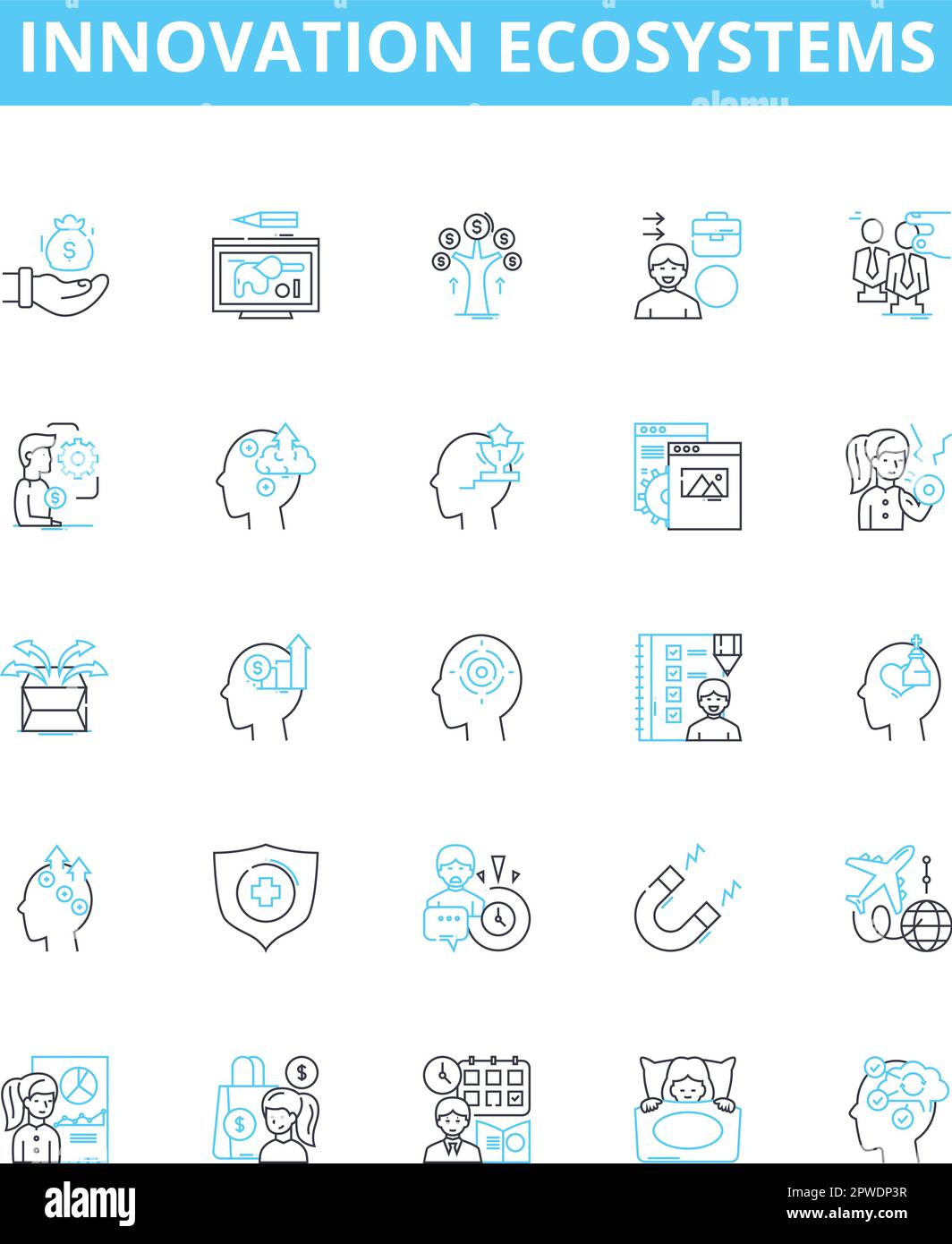 Innovation ecosystems vector line icons set. Ecosystem, Innovation, Network, Change, Creativity ...