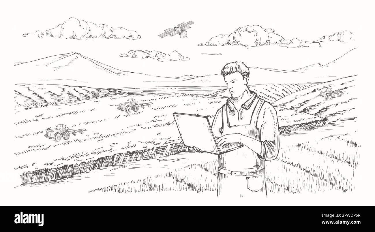 Precision Agriculture Vector Illustration. Hand Drawn Farmer with ...