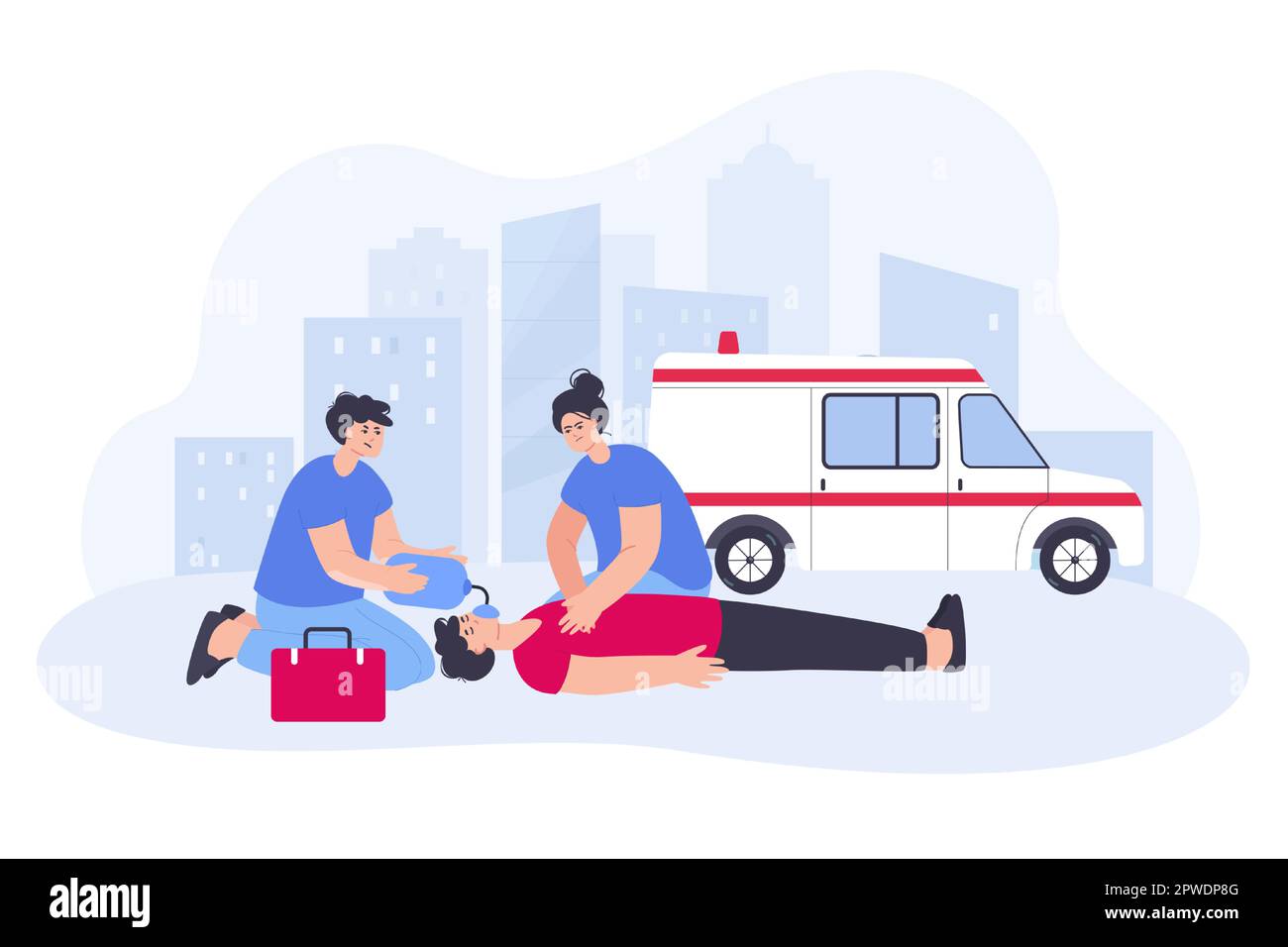 Resuscitation aid to unconscious patient from emergency team Stock ...