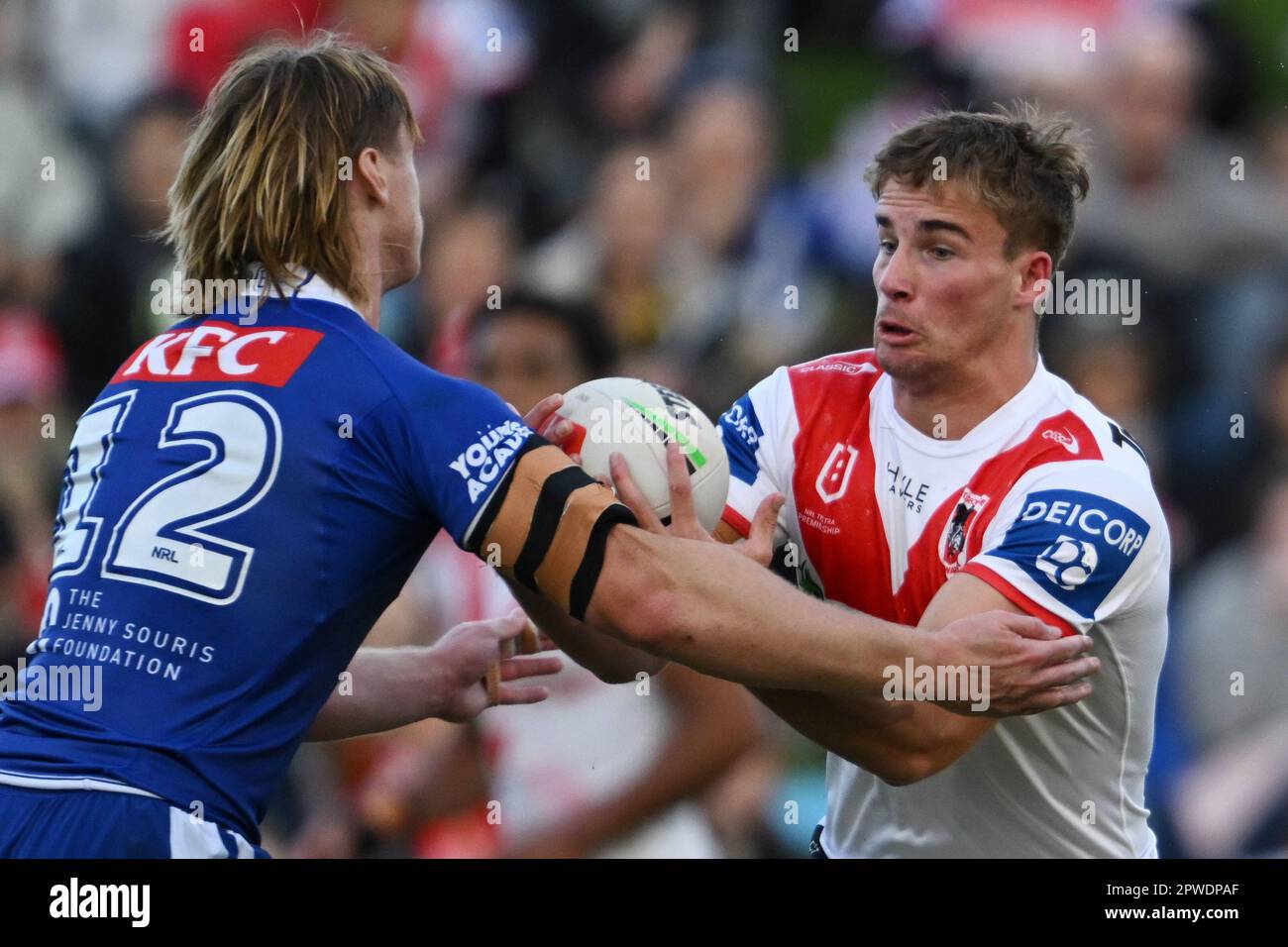 Toby Couchman of the Dragons and Jacob Preston of the Bulldogs during ...