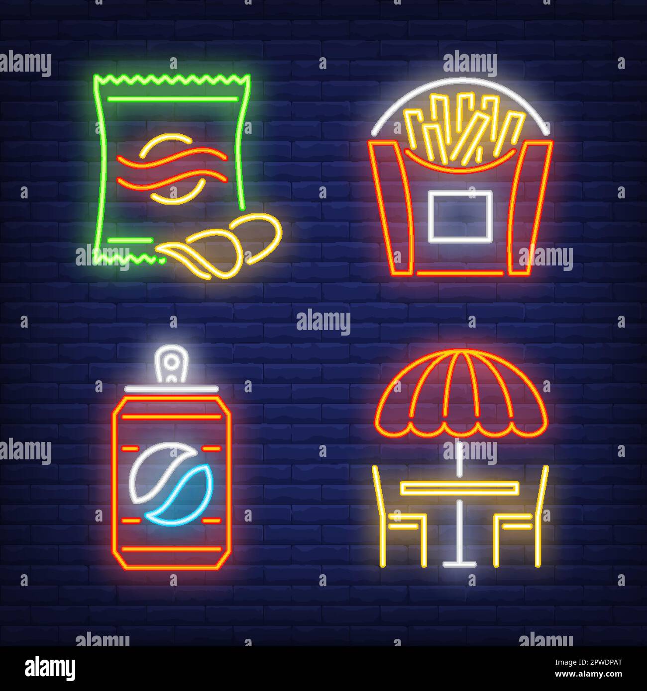 Summer street cafe, nuts, French fries and drink can neon signs set ...