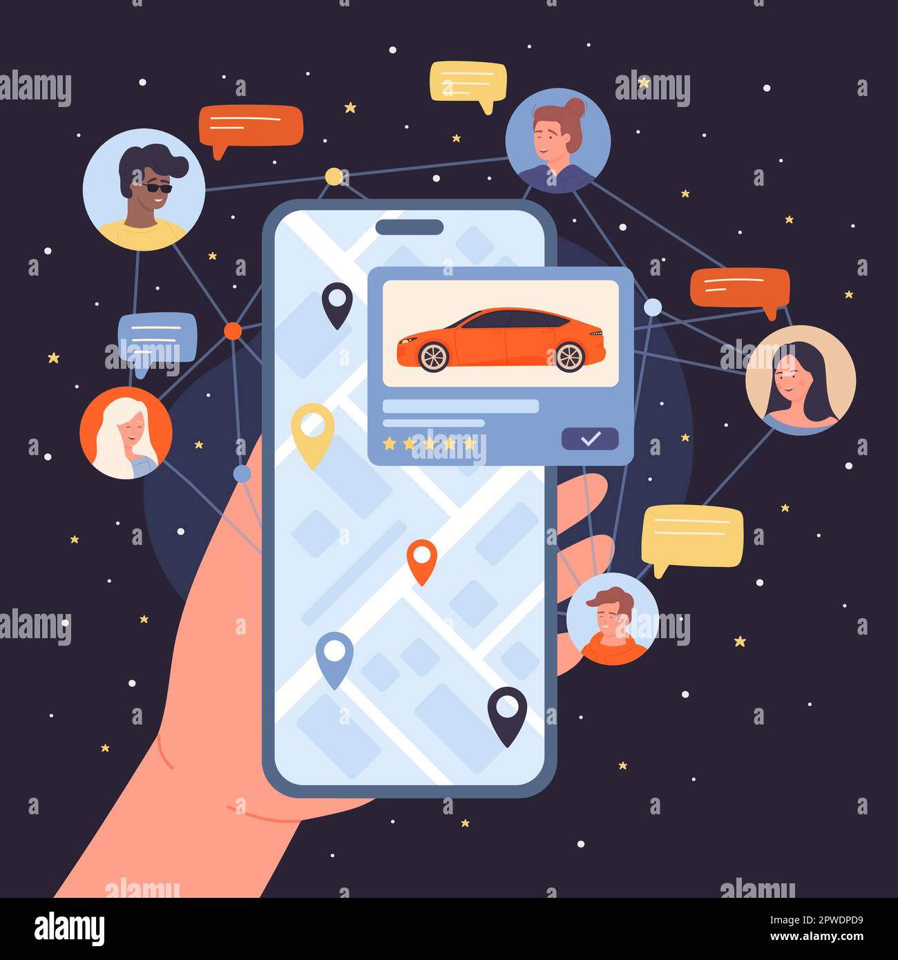 Share car online vector illustration. Cartoon customers hand holding ...