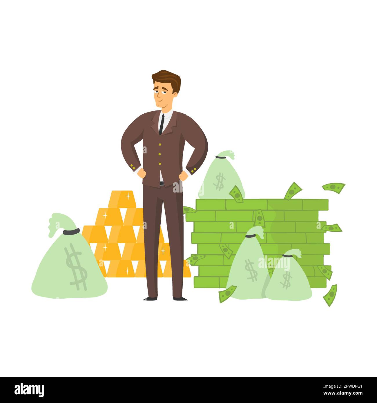 Happy rich businessman against the backdrop of wealth in the bank. Much ...