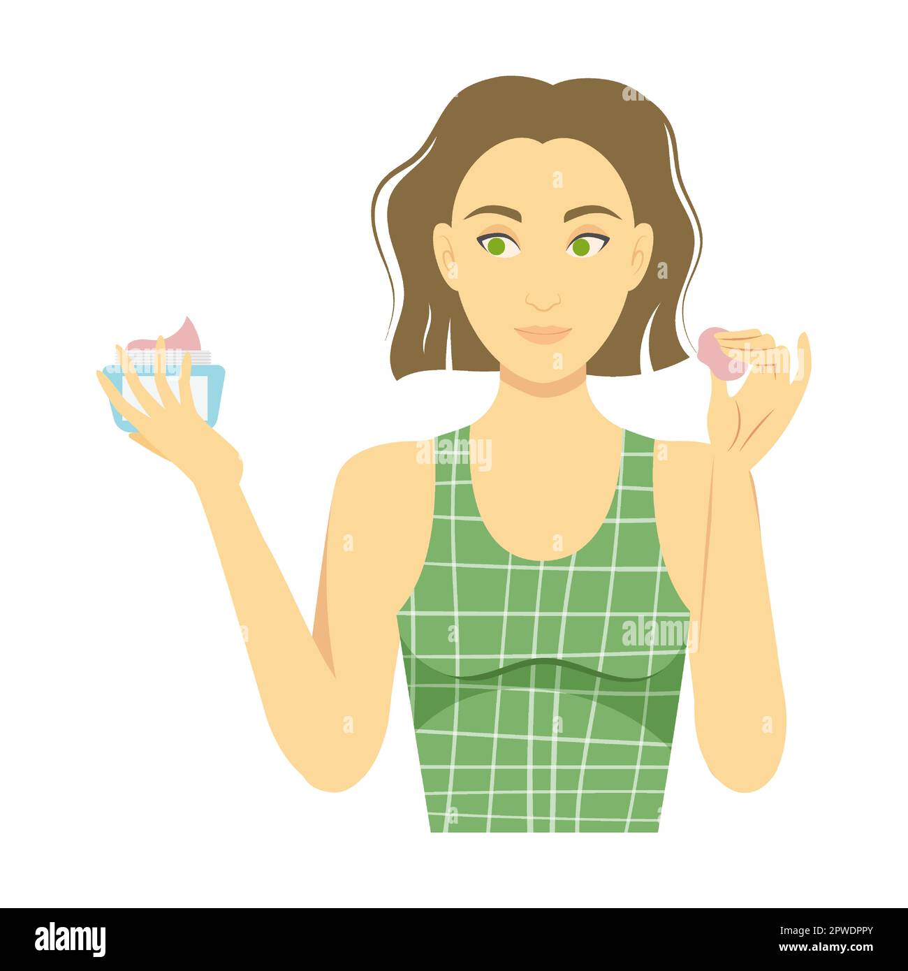 Cartoon girl uses cosmetic cream in jar, doing skincare routine vector ...