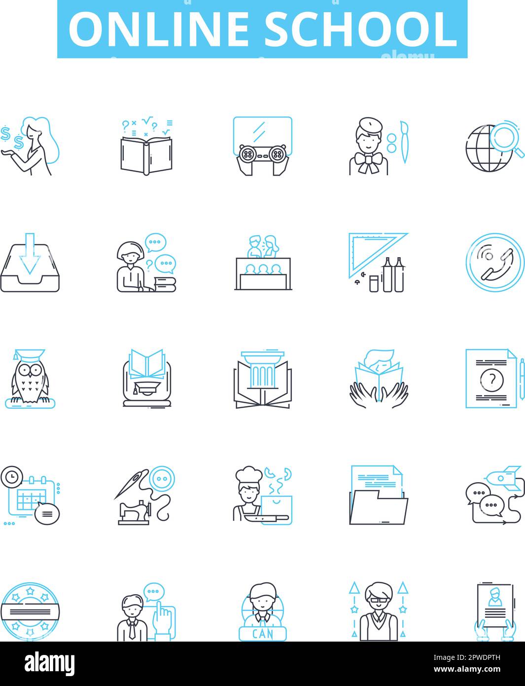 online school vector line icons set. e-learning, virtual, online ...