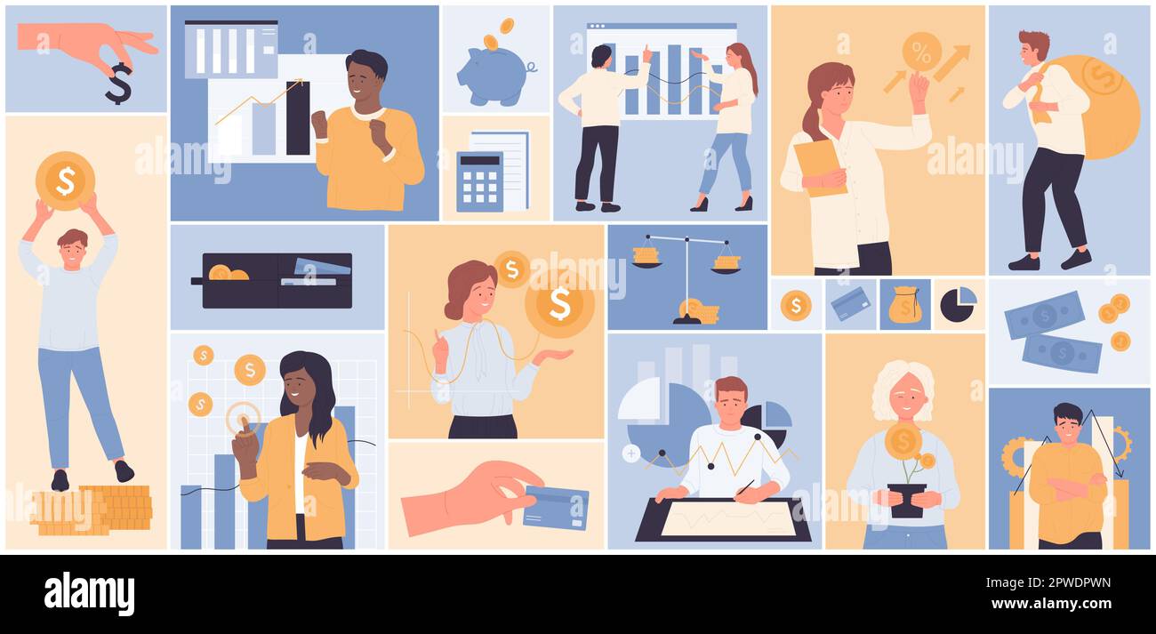 Cartoon tiny people holding credit card and gold coin bag, saving money ...