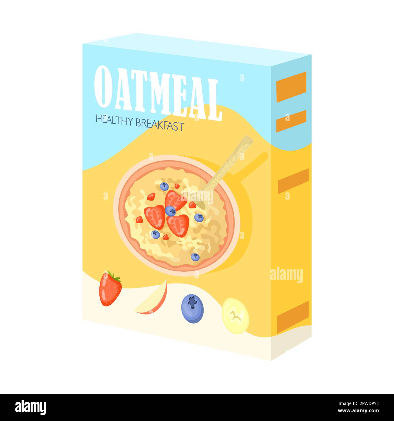 Box of cereal and bowls of oatmeal vector illustration. Boiled porridge ...