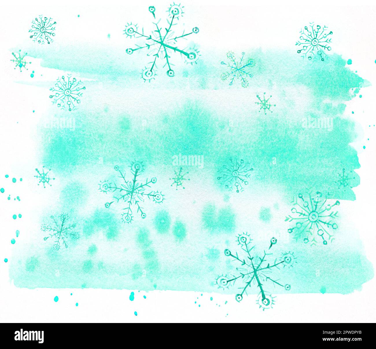 hand draw watercolor blue background, snowflakes, winter, mint color ...