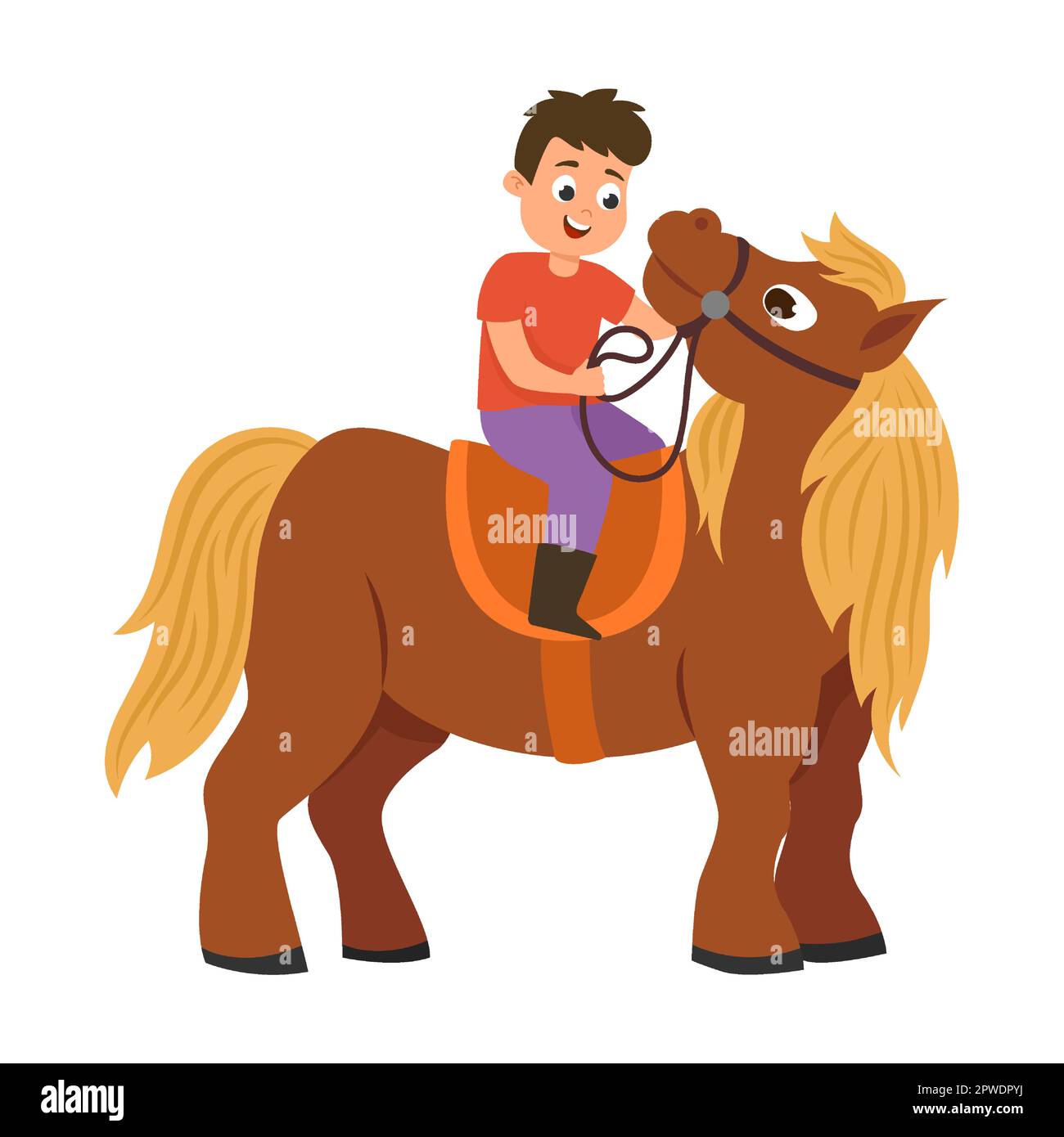 Cheerful boy riding a horse. Kid riding horse. Vector illustration of ...