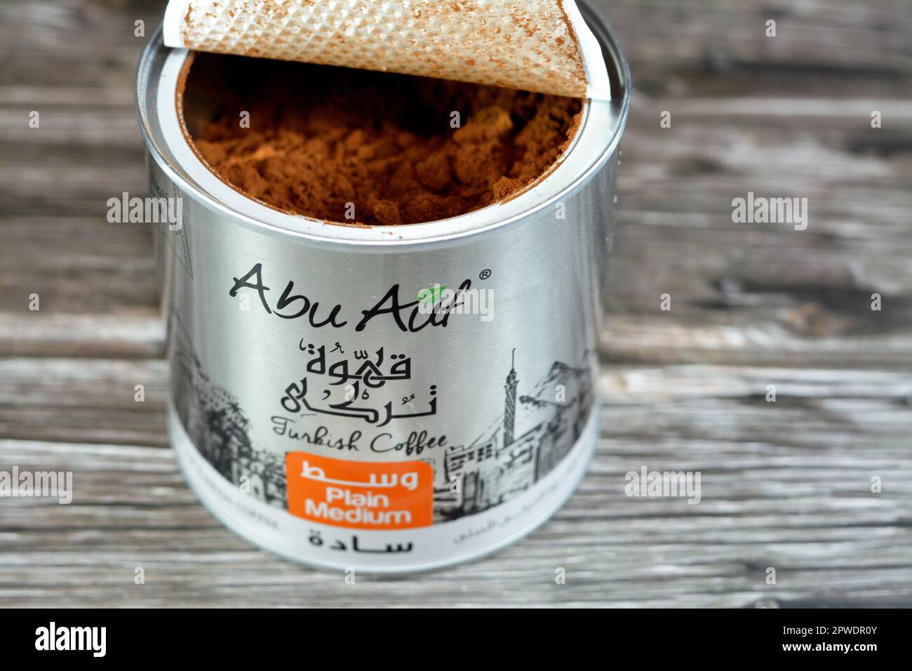 Cairo, Egypt, April 28 2023: Abu Auf plain medium Turkish coffee, Grind ...