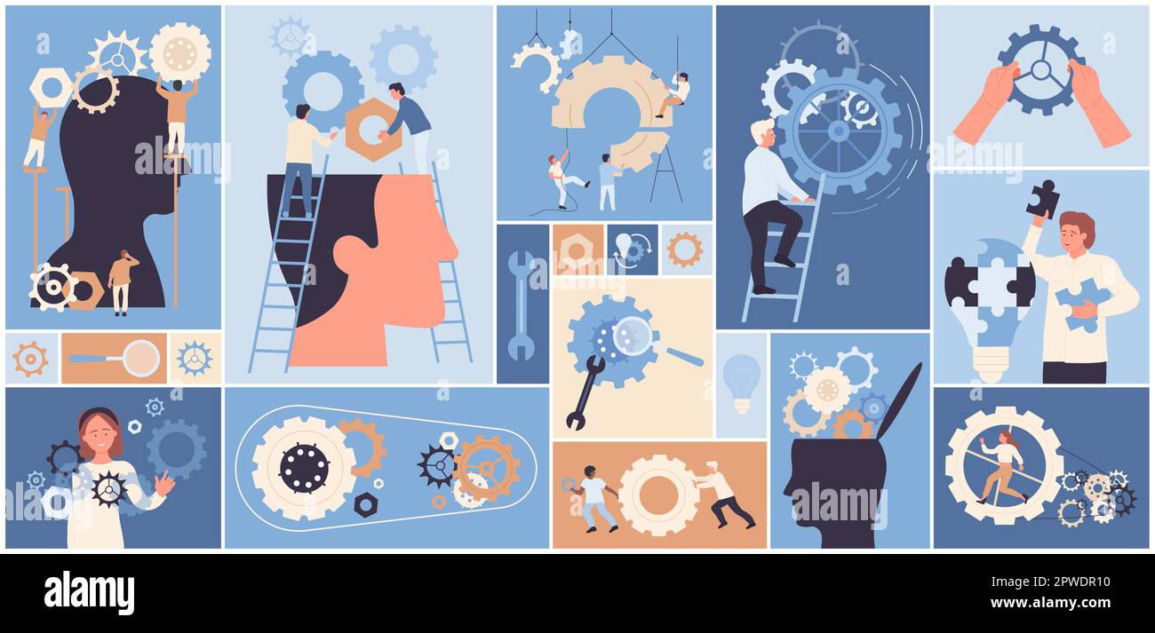 Cartoon team of managers working with mechanism, organization of ...