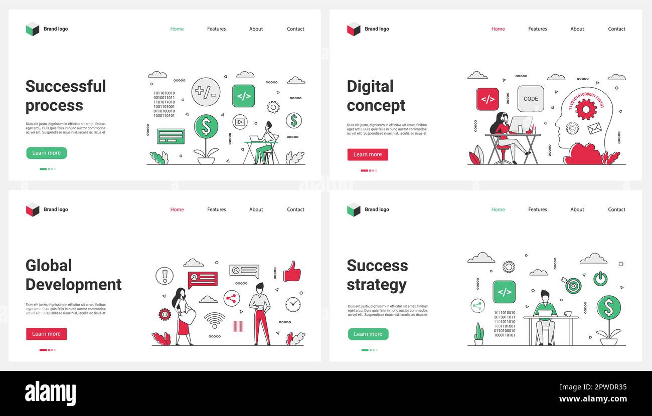 Business development strategy success, global processes and digital technology set vector ...