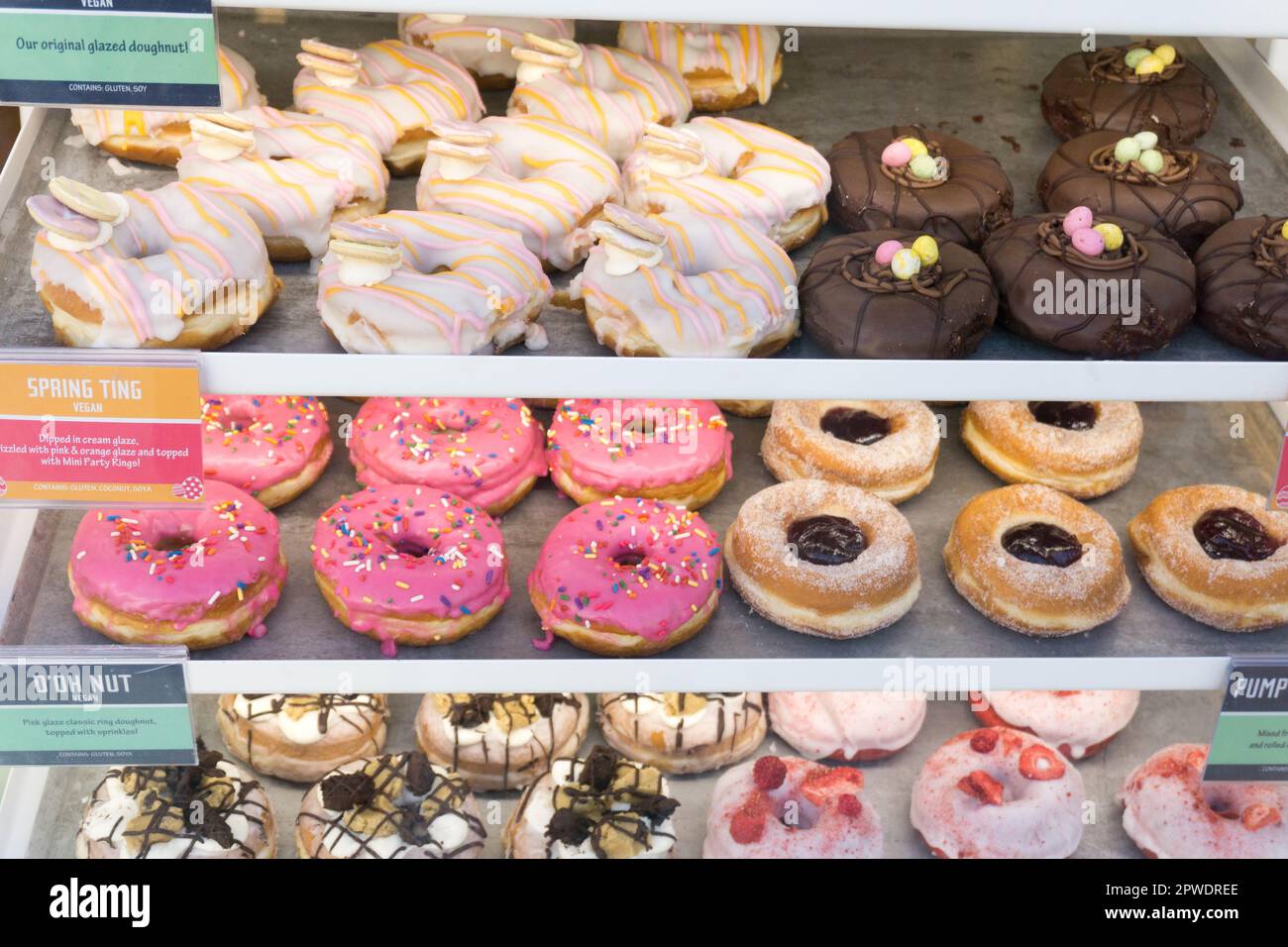 Colourful display of doughnuts in a bakery shop, London, UK Stock Photo ...