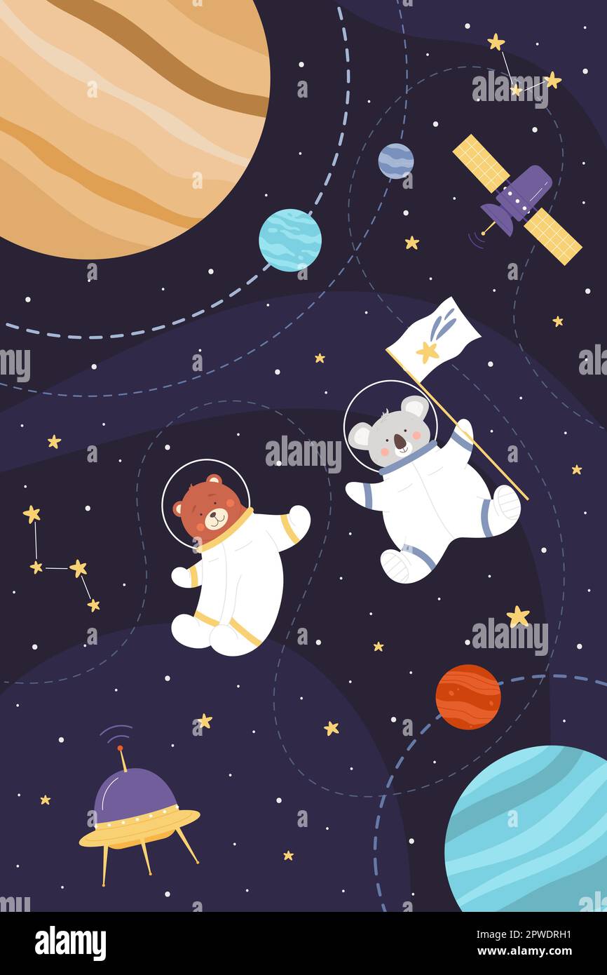 Space adventure of astronaut animals vertical vector illustration ...