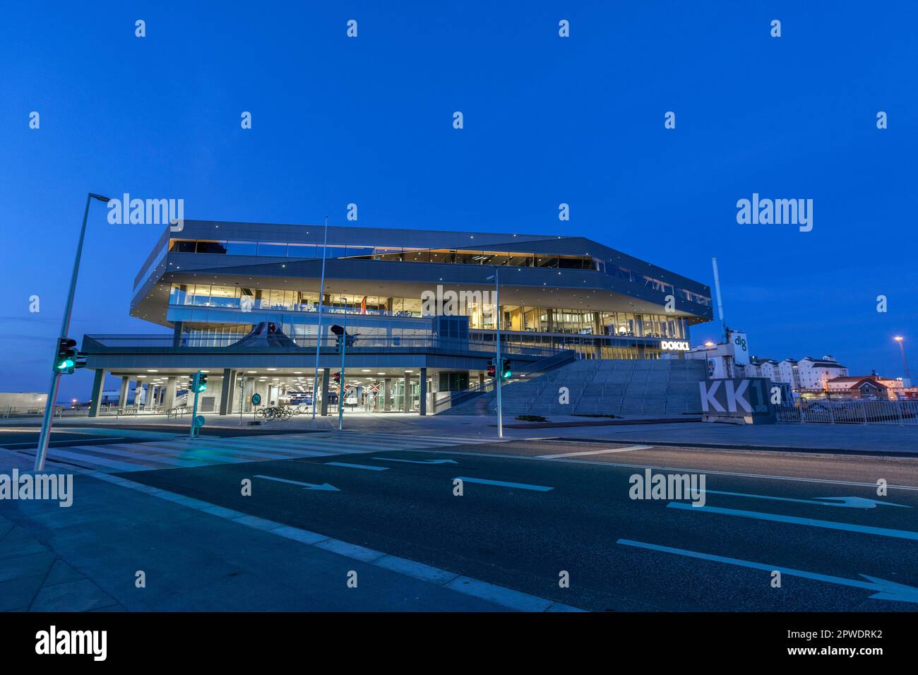 Twilight at Dokk 1, culture centre, library, cafe, government building ...