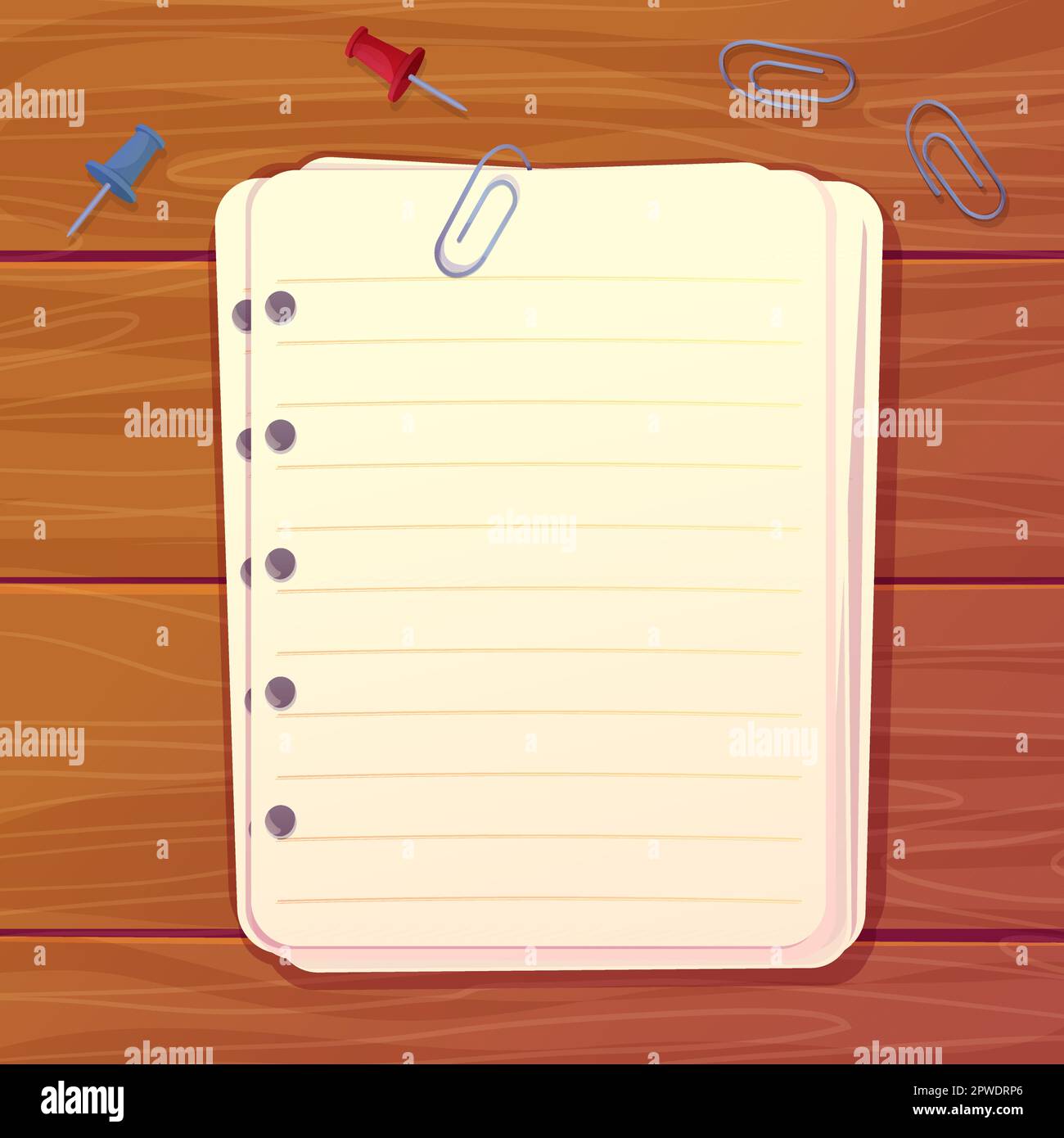 wooden desk, table with parchment paper notes top view in cartoon style ...