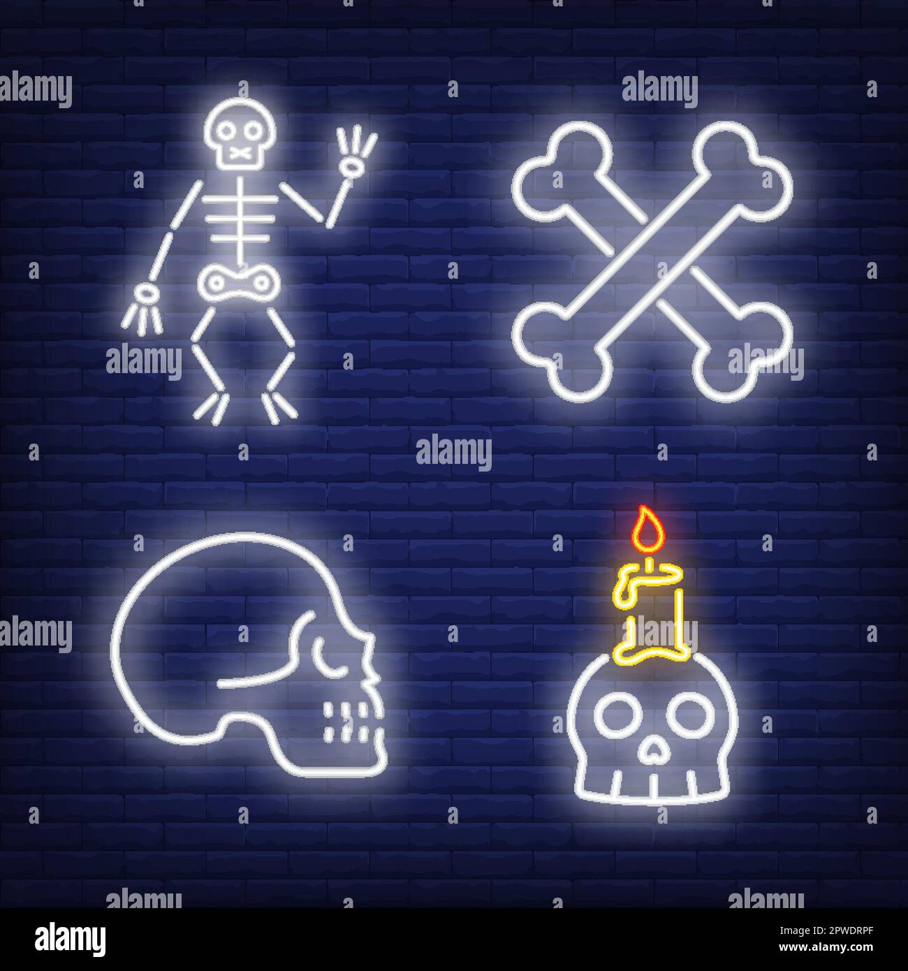 Human skeleton, skull, bones and candle neon signs set Stock Vector ...
