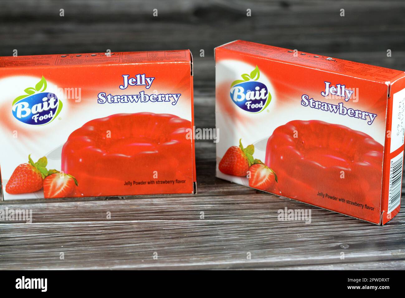 Cairo, Egypt, April 28 2023: Bait food Jelly strawberry pack, sweet red ...