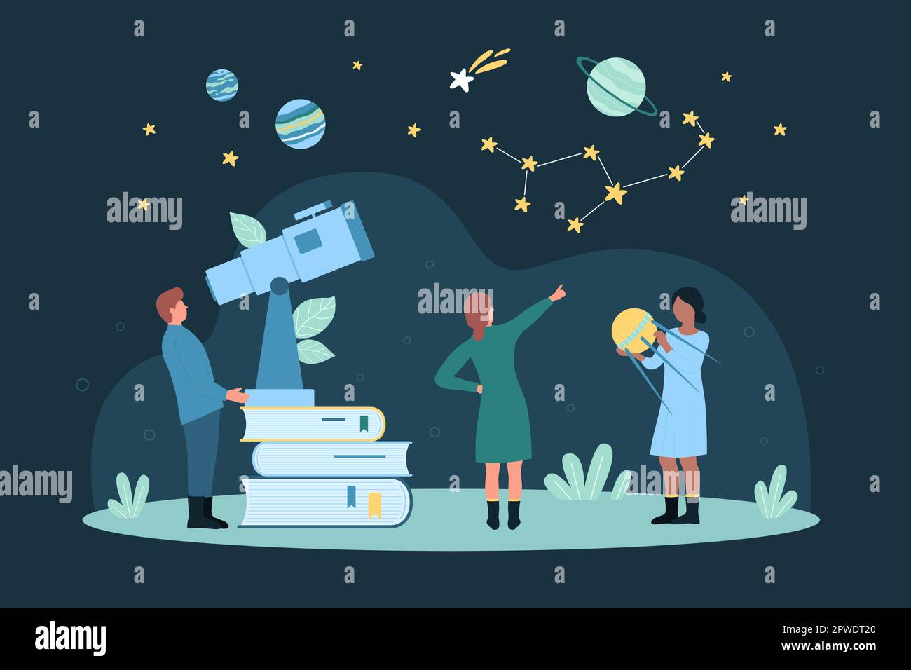 Research and study of astronomy vector illustration. Cartoon tiny people look at constellations ...