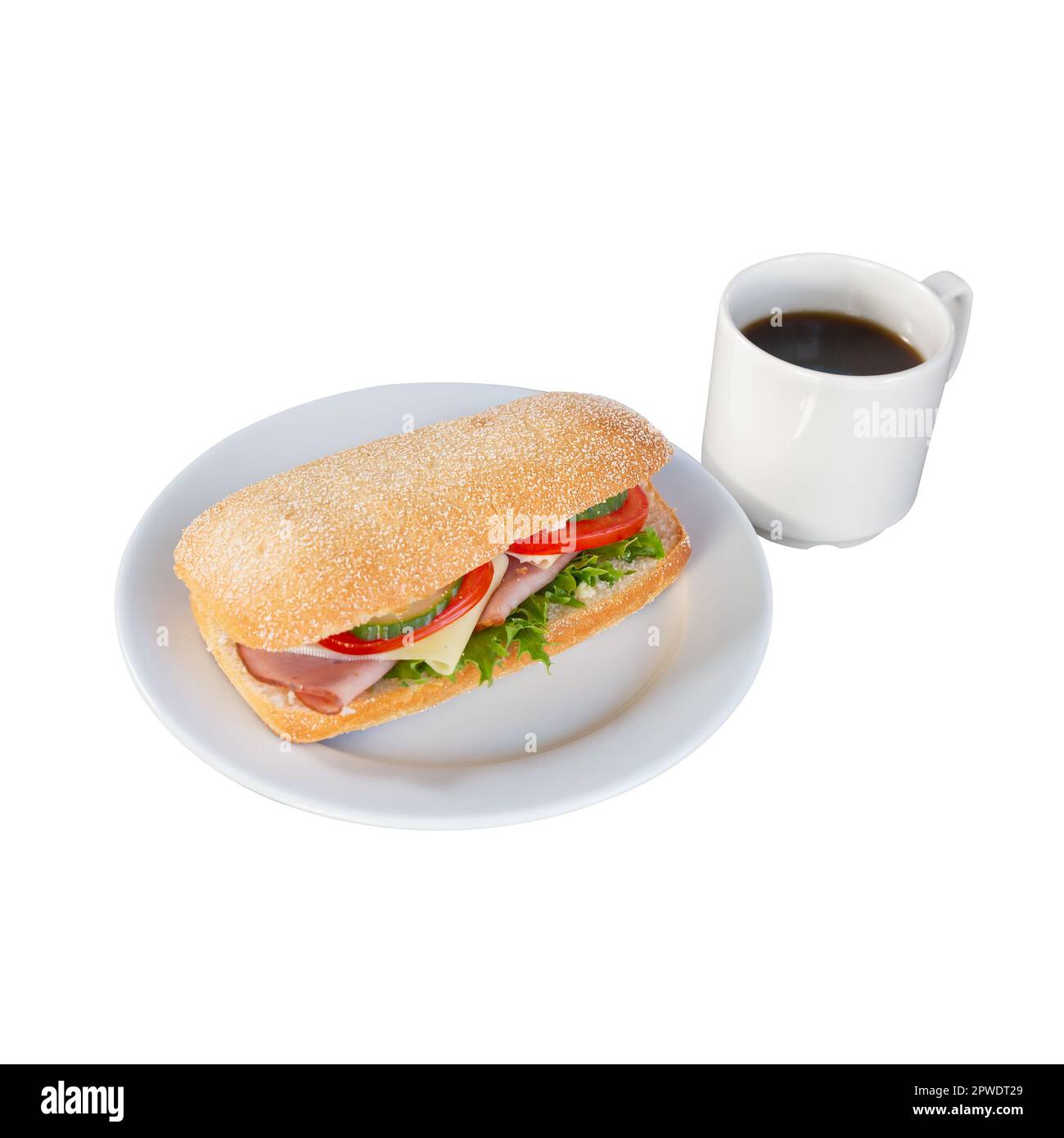 Sandwich with sausage, cheese, vegetables and a cup of black coffee ...