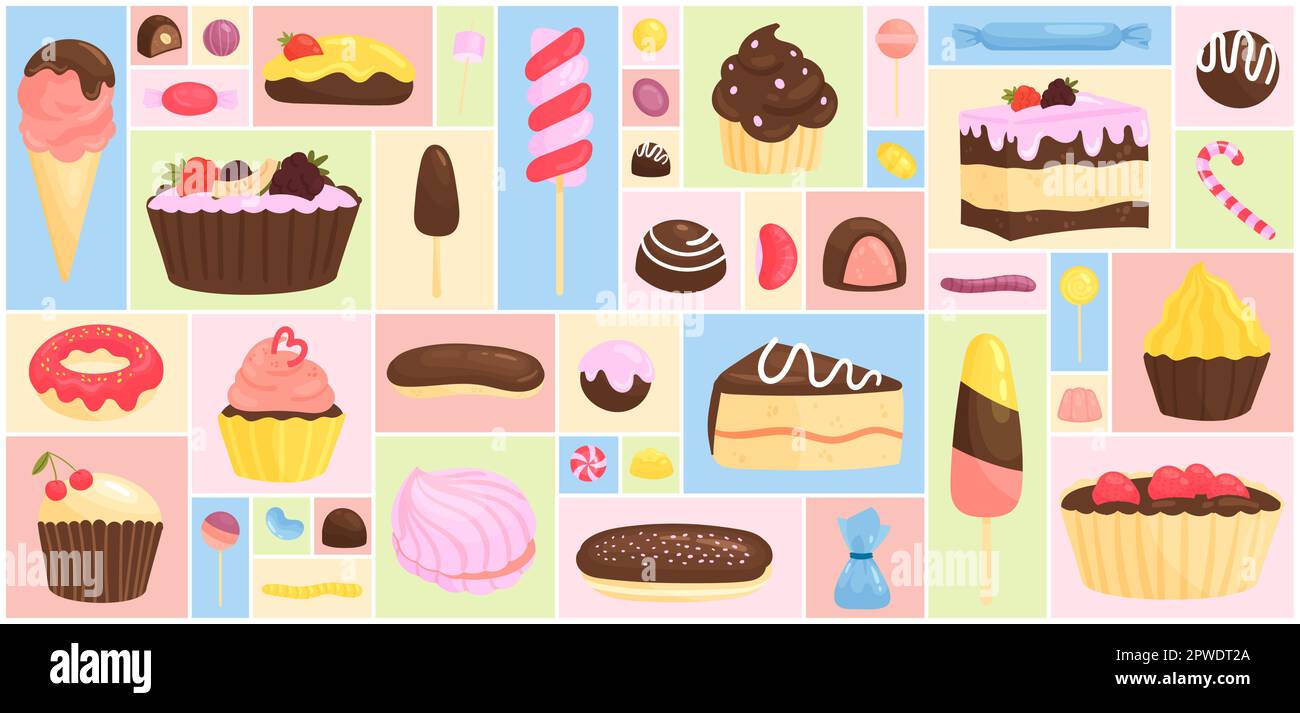 Cartoon confectionery and bakery menu collection with delicious cake ...