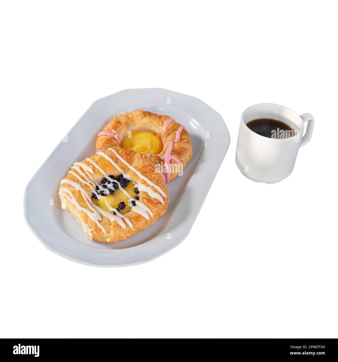 Two Danish pastries with a cup of coffee isolated against white ...