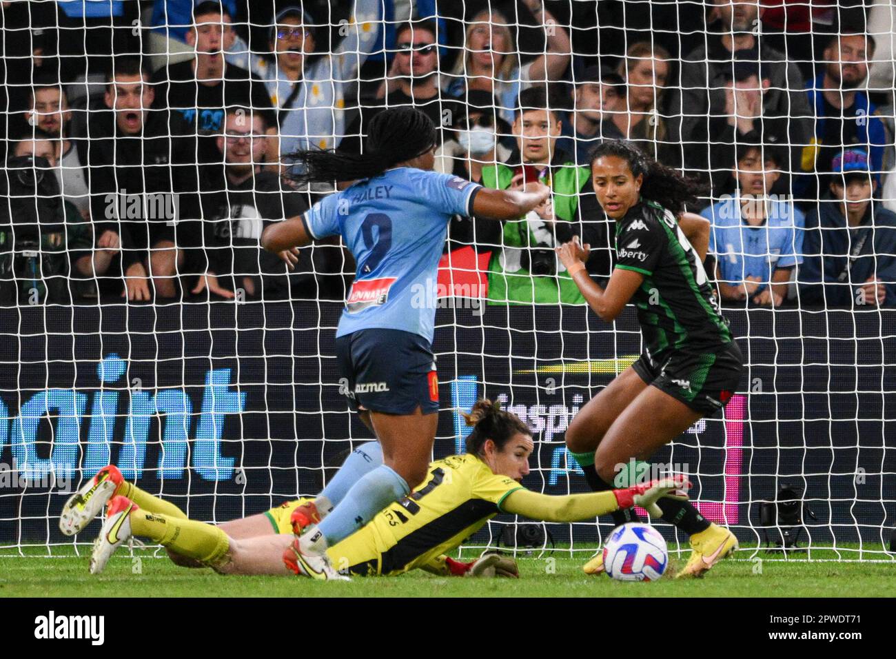 Madison Haley of Sydney FC scores a goal past Hillary Beall of Western ...