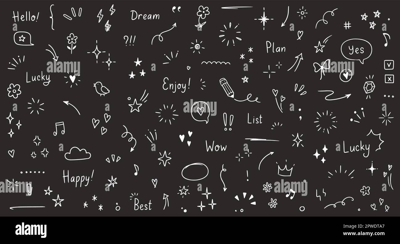 Doodle cute glitter pen line elements chalkboard. Doodle heart, arrow ...