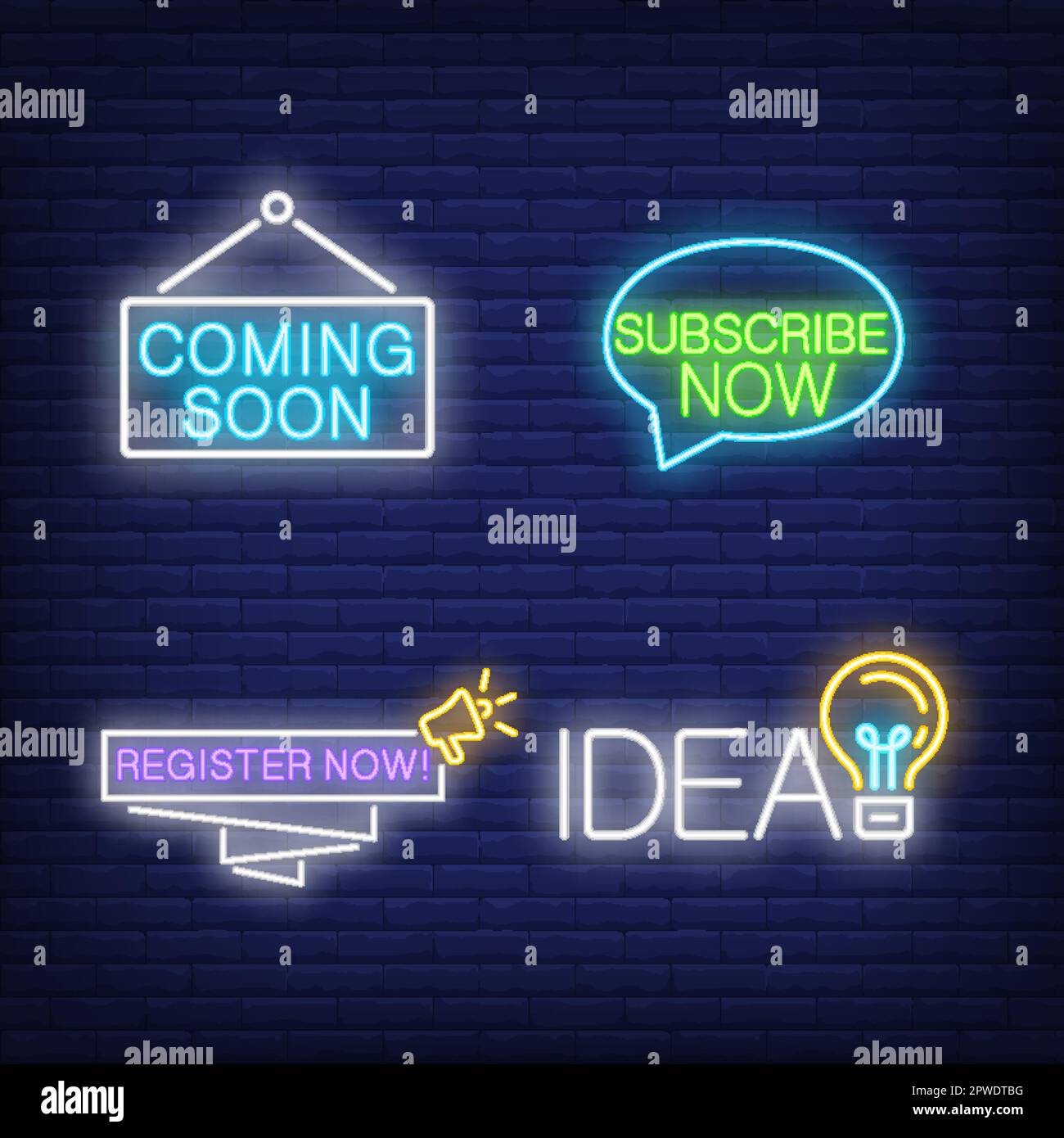 Subscribe now, register, coming soon and idea neon signs set Stock ...